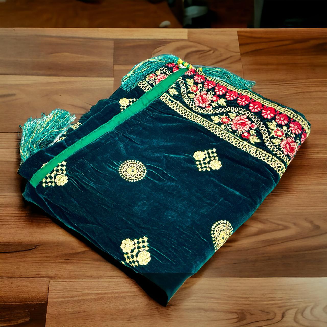 Dark Green Velvet Embroidery Shawl for Ladies